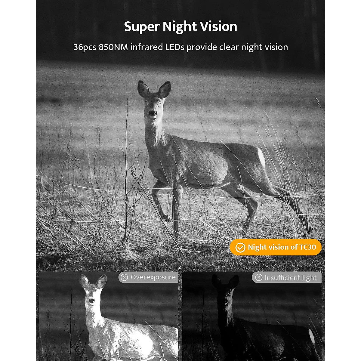 Trail Camera, 24MP 1080P Game Cameras with 850nm Infrared Night Vision, 65ft Motion Activated Deer Hunting Cam for Garden Wildlife Monitoring, IP66 Waterproof, 120° Wide Angle Detection, Easy Set Up