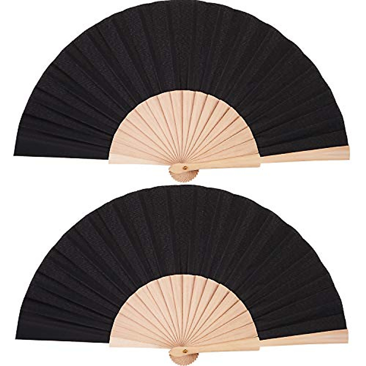 Chuangdi 2 Pieces Wooden Fan Fabric Hand Folding Fans Handheld Fans Craft Fan Decoration Fan Gift Fan with Drawstring Organza Bags for Men Women Girls (Black)