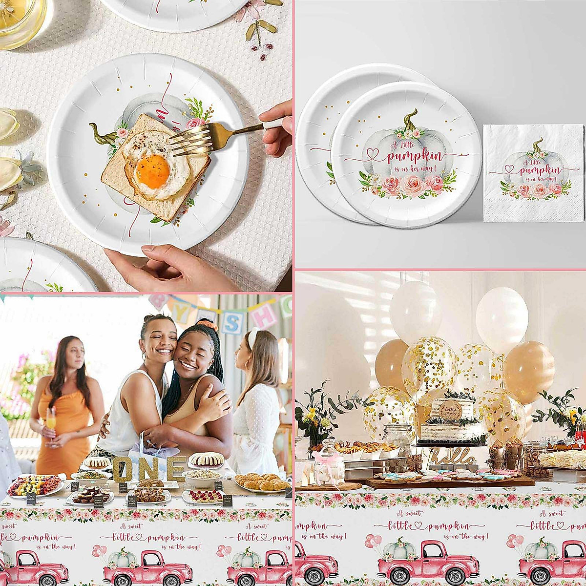Yuzioey 177pcs Pumpkin Baby Shower Decorations, A Little Pumpkin is On The Way, Fall Pink Pumpkin Disposable Dinnerware (Serve 25 Guests)with Paper Plates Cups Napkins, Banner Tablecloth