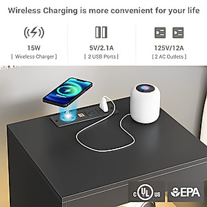 Tiptiper Black Nightstand with Wireless Charging Station and LED Lights, Bedside Table with 2 Drawers, Open Storage, 1 Pull-Out Tray, End Side Table with Charging Station, LED Night Stand with Storage