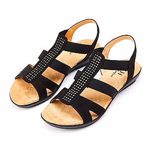 VJH confort Women's Flat Sandals with Rhinestone Open Toe Elastic Slip On Slingback Comfort Casual Walking Sandals(BLACK 10)