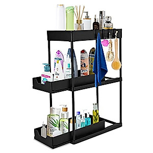 Solesoul 3-Tier Under Sink Organizers and Storage Unit - Bathroom and Kitchen Sink Organizers with 4 Hooks - Multi-Purpose Cabinet Organizer Shelf with Sliding Drawers - Black- White- Gray (Black)