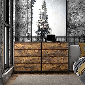 IKENO 8 Drawer Dresser, Industrial Wood Storage Dressers & Chests of Drawers with Sturdy Steel Frame, Storage Dresser for Bedroom Wood (Rustic Brown)