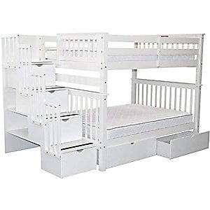 Bedz King Stairway Bunk Beds Full over Full with 4 Drawers in the Steps and 2 Under Bed Drawers, White