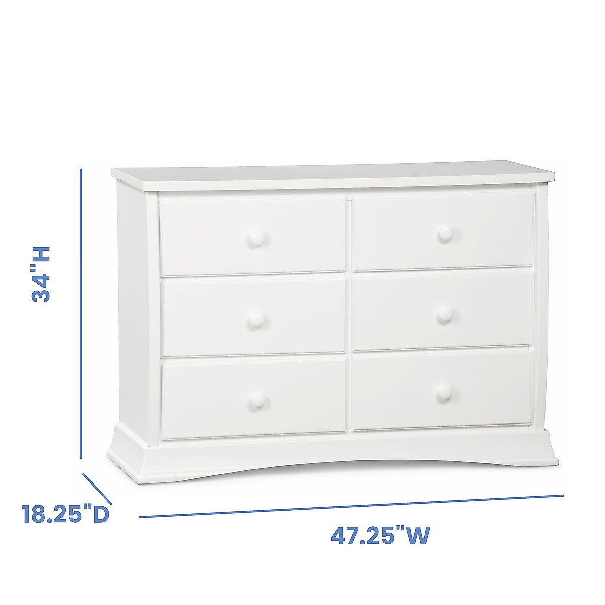 Delta Children Bentley Six Drawer Dresser, White, 49" width x 19" depth x 33.50" height