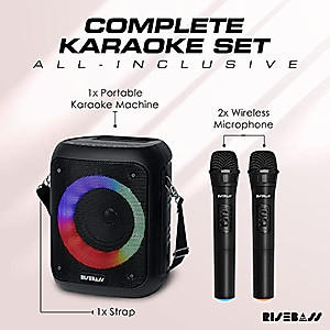 Risebass Portable Karaoke Machine with 2 Wireless Microphones - Bluetooth Rechargeable Speaker with USB/SD/TF Card Support, AUX-in, Tripod Screw Mount and Phone Slot.