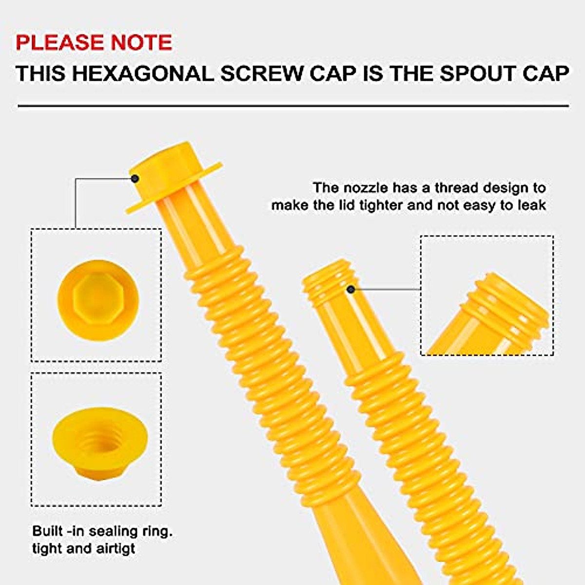 Gas Can Spout Replacement, Gas Can Nozzle,(1 Kit-Yellow) with 2 Screw Collar Caps(1 Coarse Thread &1 Fine Thread-Fits Most of The Cans) with Gas Can Vent Caps, Thick Rubber pad, Spout Cover, Base Caps