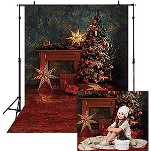Allenjoy 5x7ft Vinyl Vintage Christmas Tree Backdrop Rustic Wall Sparkle Stars Winter Holiday Xmas Photography Background for Portrait Pictures Family Party Decorations Photo Booth Studio Props