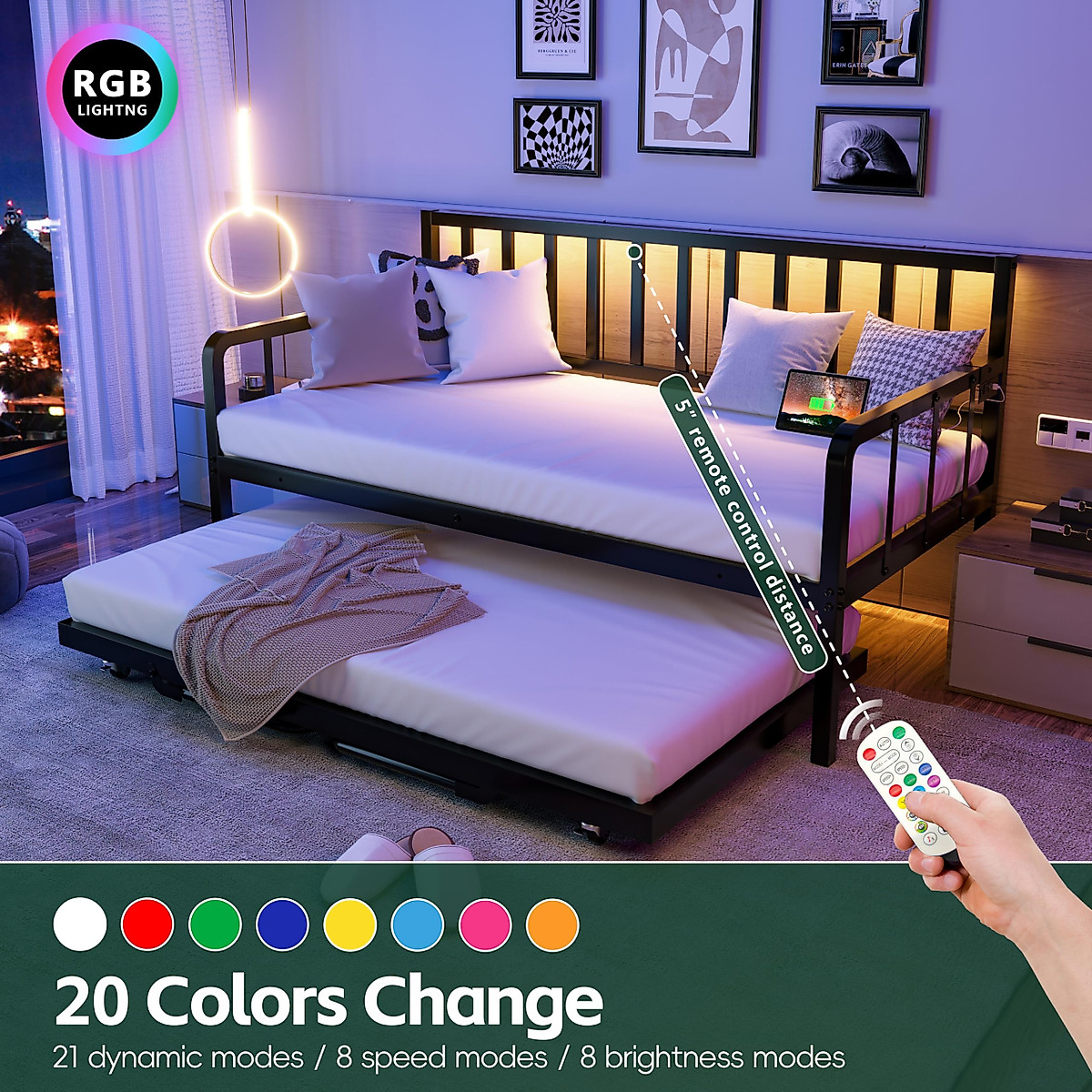 MU Daybed with Trundle Bed, Twin Bed Frame with Charging Station and LED Lights, Metal Sofa Day Bed with Pop Up Trundle and Steel Slat Support for Living Room, Bedroom and Guest Room, Black