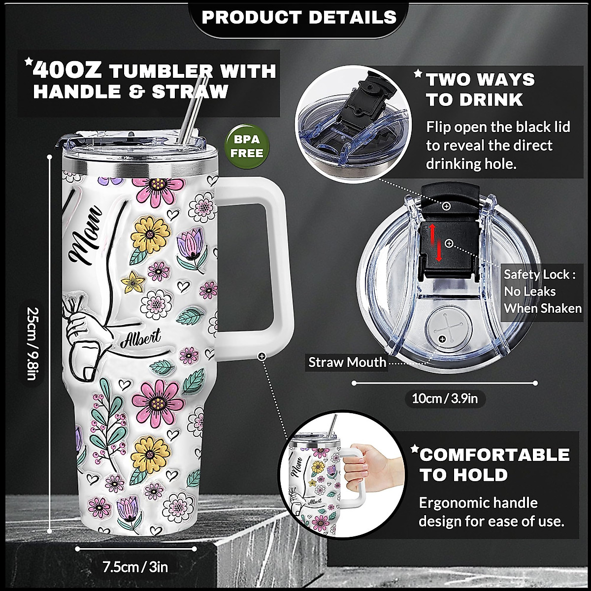 BMYDIY Mothers Day Birthday Gift for Mom Grandma, Personalized 40 Oz Tumbler with Handle and Straw, Custom Extra Large Stainless Steel Insulated Cup Coffee Mug Travel Mug with Name