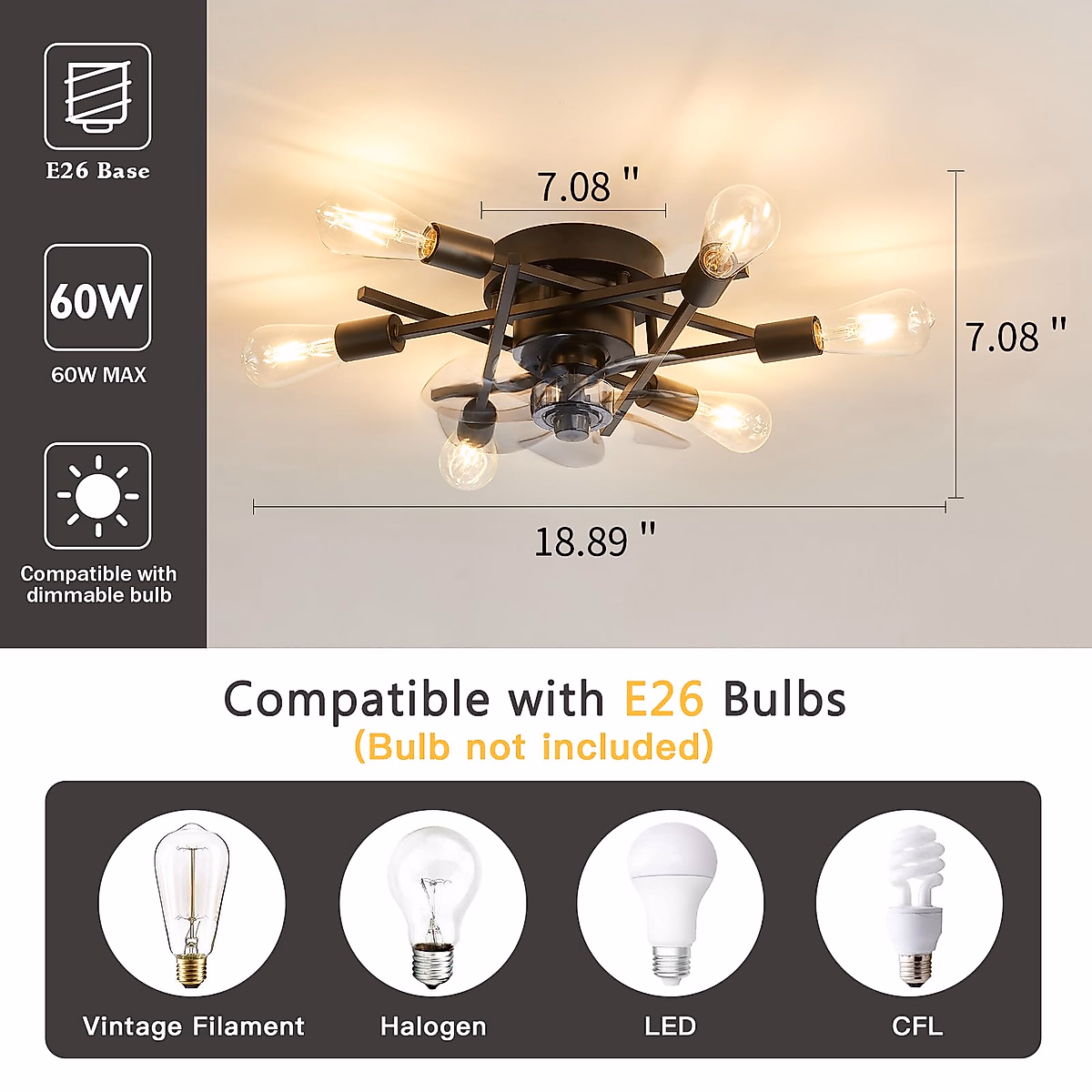 ASGYISA Modern Black Matte Ceiling Fan with Light Industrial 6 Lights Low Profile Flush Mount Fandelier with Remote Control for Farmhouse Kitchen Dining Room Bedroom