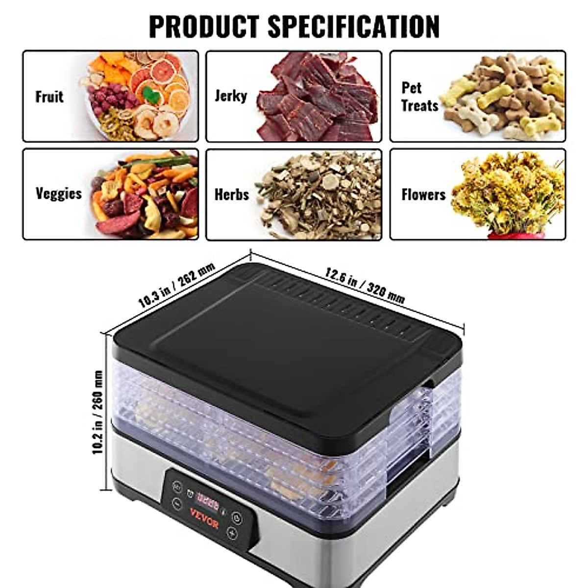 VEVOR Food Dehydrator Machine, 5-Tray Fruit Dehydrator, 300W Electric Food Dryer w/Digital Adjustable Timer & Temperature for Jerky, Herb, Meat, Beef, Fruit, Dog Treats and Vegetables, ETL Listed