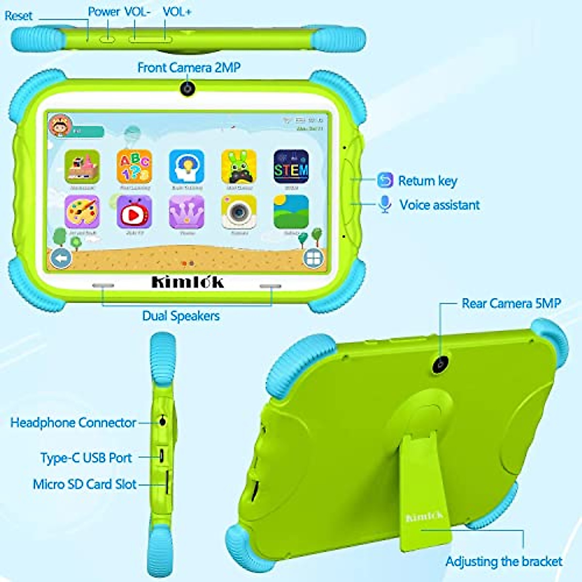 kimlok Kids Tablet Tablet for Kids，Android 11, 7 Inch 2GB+32GB, WiFi, Parental Control APP，Dual Camera, Bluetooth, Friendly Learning Tablets for Kids with Case Included for Boy and Girl Green