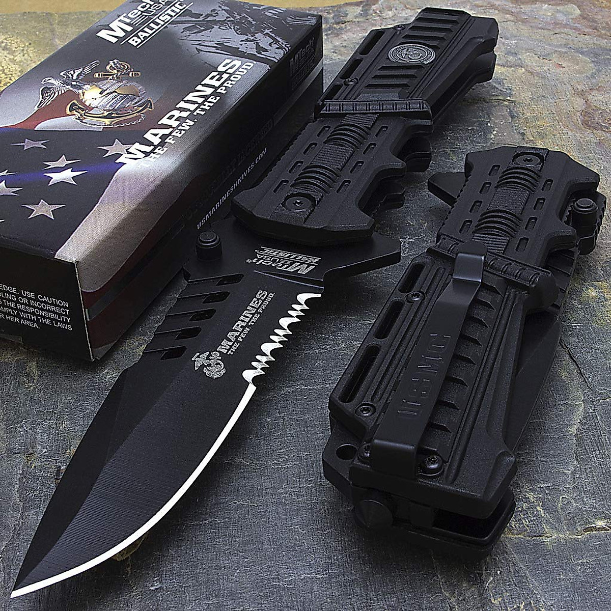 MTECH USA USMC Marines Black Assisted Opening Tactical Rescue Folding Pocket Knife