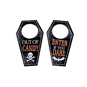 KOVOT Halloween Door Hangers Set - (2) Coffin Shaped Knob Hangers: "ENTER IF YOU DARE" and "OUT OF CANDY"