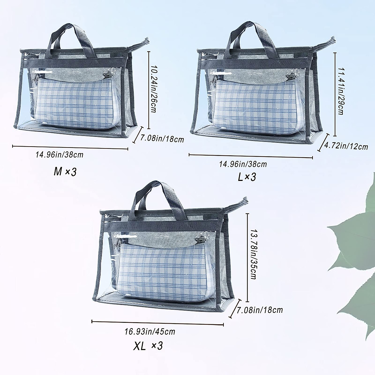 9Pcs Clear Handbag Storage Dust Cover Organizer Bags, Transparent Dustproof Purse Protector Storage Bag with Zipper Handles for Closet Shelf-3 Sizes (Grey)