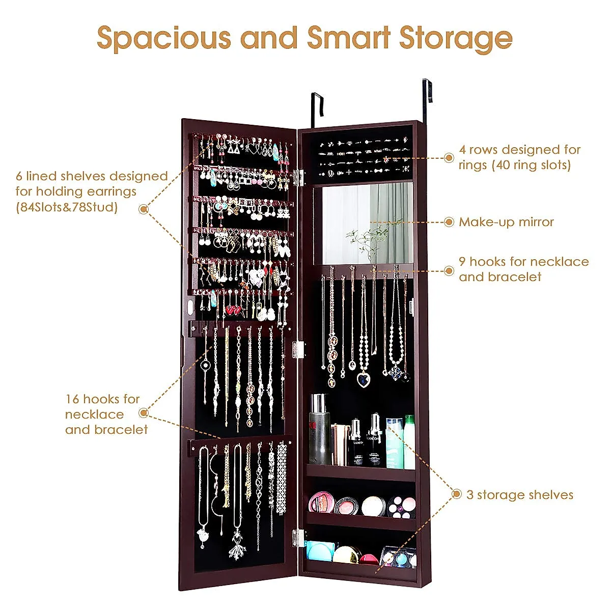 Giantex Jewelry Armoire Cabinet Wall Door Mounted with Full Length Mirror, Jewelry Organizer with Makeup Mirror, Ring Earring Slots, Necklace Hooks, Large Capacity Storage Jewelry Armoire (Brown)