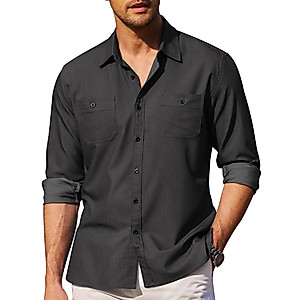 COOFANDY Men Untucked Shirt Regular Fit Button Up Long Sleeve Casual Dress Shirt Denim Black