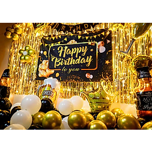 Birthday Party Decoration for Men Gold Curtains Birthday Backdrop Banner and Balloons Set Party Supplies with String Light for Men and Women Birthday Party