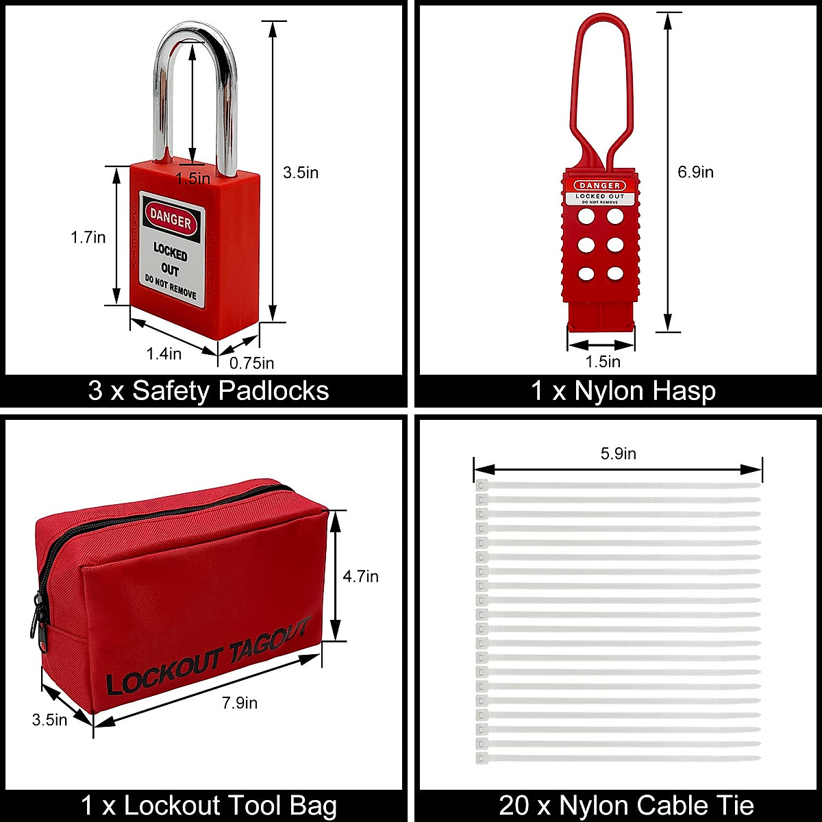 Lockout Tagout Kit Electrical Loto - Group Lockout Hasps, Lockout Tags, Safety Padlocks with Number, Nylon Ties with Pocket Bag(Red Kit)