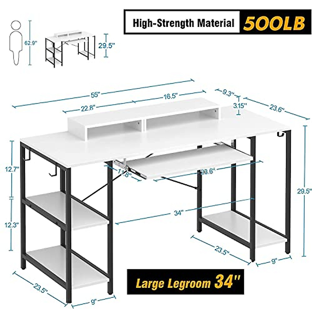 White Desk with Keyboard Tray, 55 INCH Desk with Storage Shelves Modern Computer Desks for Home Office Study Desk with Monitor Shelf Industrial PC Desk Studio Desk with Iron Hooks, Easy to Assemble
