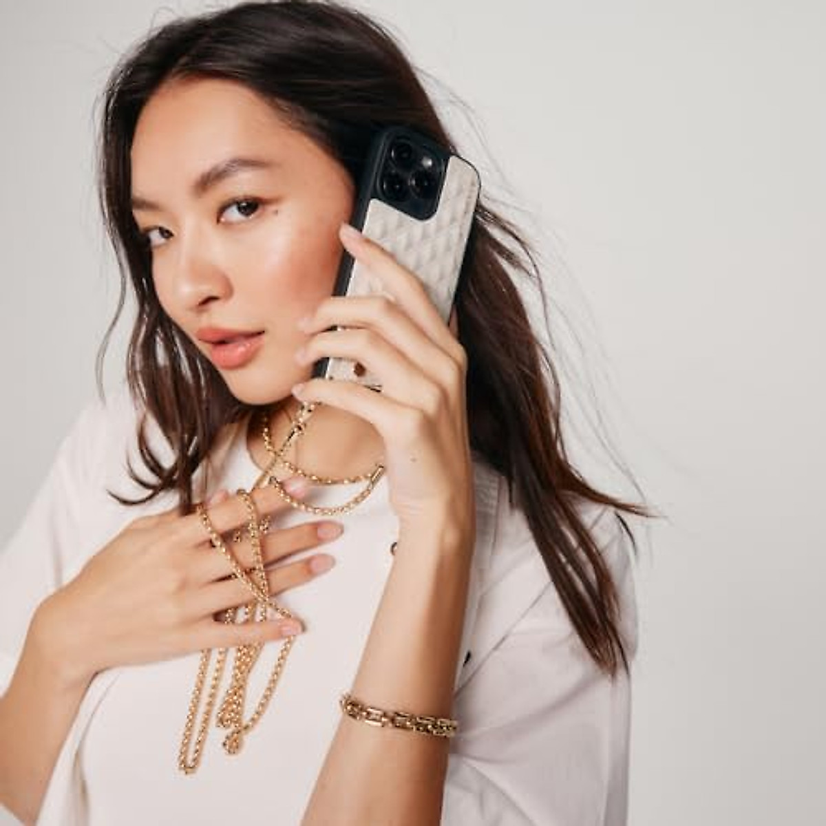 Bandolier Sheila Crossbody Phone Case and Wallet for iPhone 14 - Pyramid Studded Creme Vegan Leather with Gold Detail