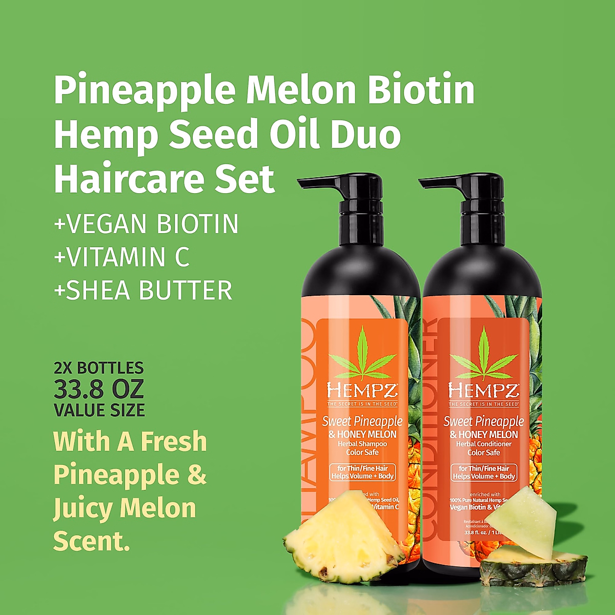 HEMPZ Hair Shampoo & Conditioner Set - Sweet Pineapple & Honey Melon Scent for Thin/Fine Dry, Damaged and Color Treated Hair, Hydrating, Softening, Moisturizing with Biotin Duo Set - 33.8 fl oz