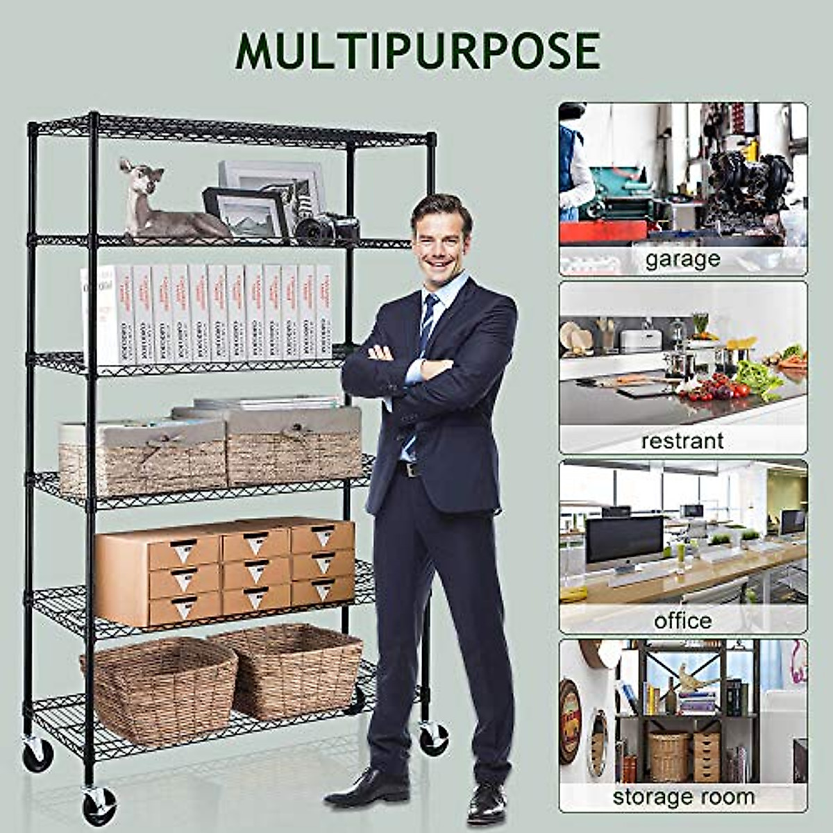 6 Tier Storage Metal Shelf 82"x48"x18" NSF Wire Shelving Unit with Wheels Heavy Duty Layer Rack with Casters, Sturdy Steel Metal Wire Rack for Pantry Kitchen Garage Rack (Black, 82"x48"x18")