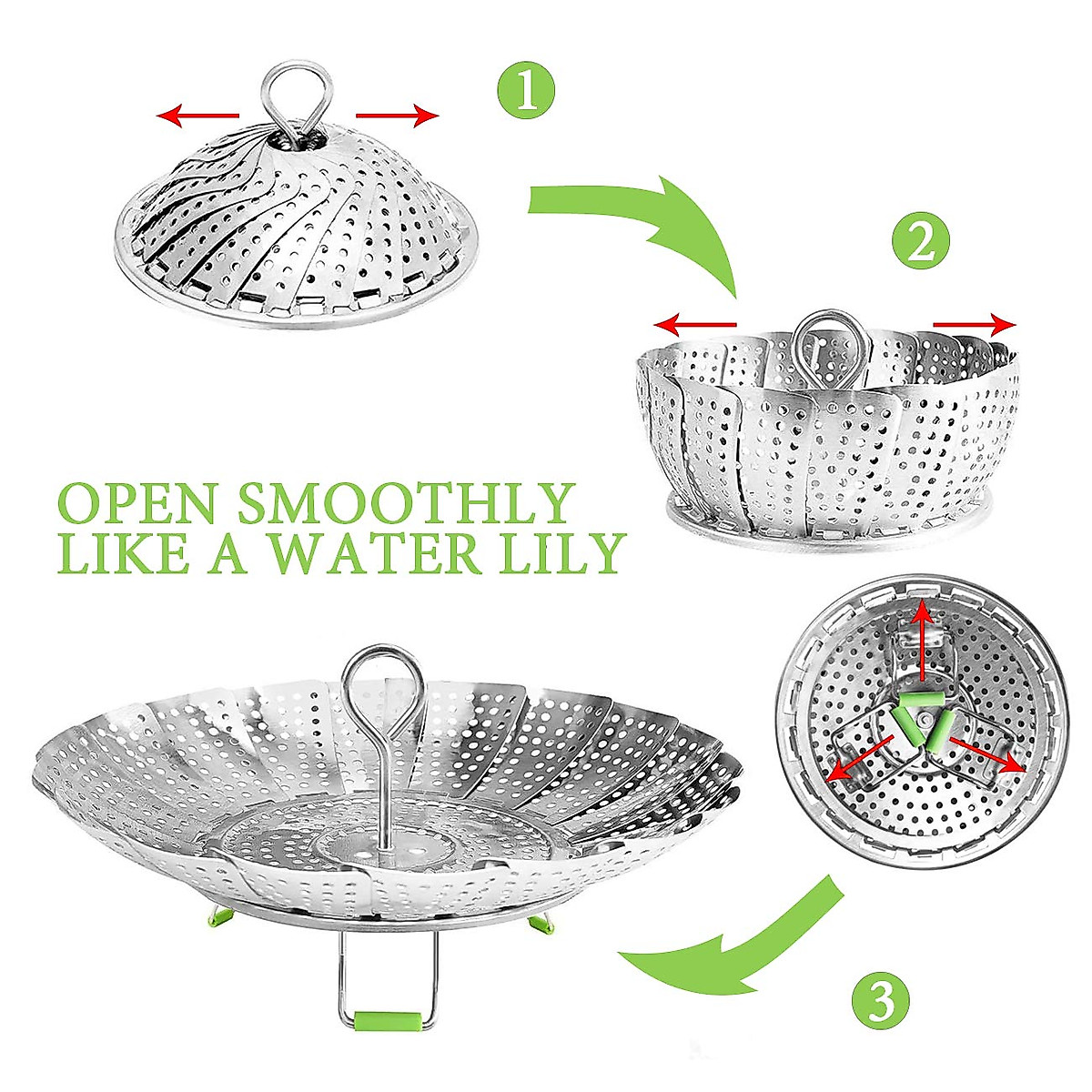 Steamer Basket Stainless Steel Vegetable Basket Metal Handle Folding Silicone Feet Steamer Insert for Cooking Veggies Fish Seafood Include Safety Tool,Fit Various Pot Pressure Cooker (7" to 11")