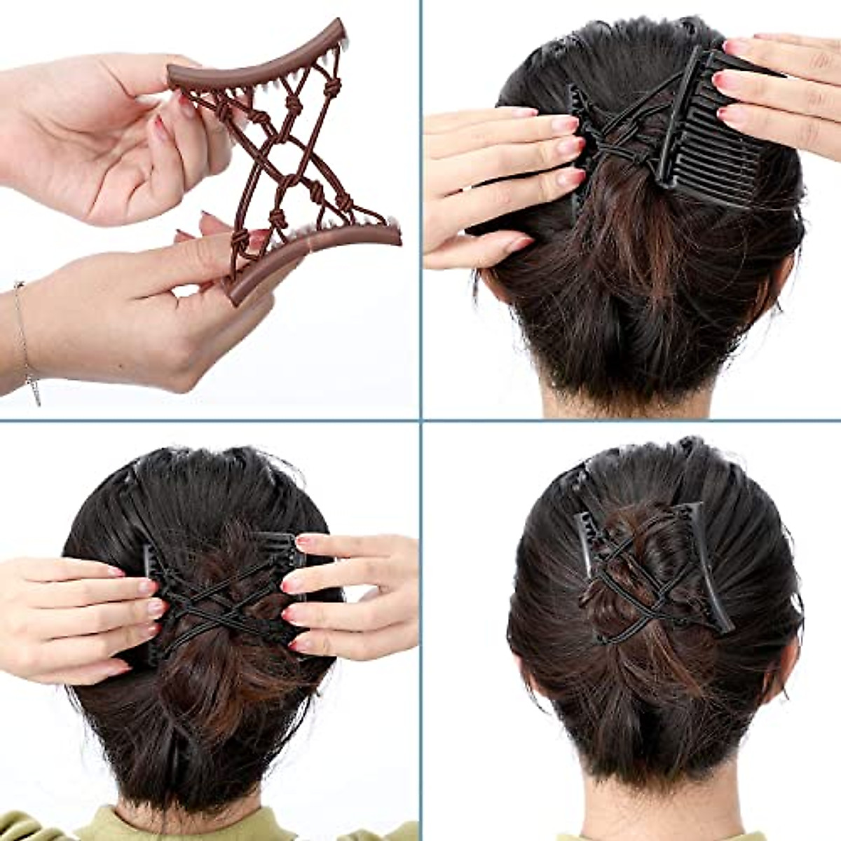 4 Pieces Stretchy Double Comb Hair Clip Adjustable Elastic Hair Comb No Crease Hair Pins Hair Accessories for Women Curly Thick Wavy Hair Ponytail (Black, Coffee)