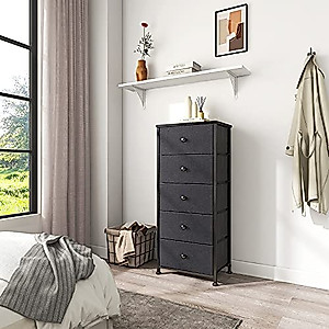 REAHOME 5 Drawer Dresser for Bedroom Storage Tower Closet Organizer Vertical Chest Sturdy Steel Frame Tall Dresser Wooden Top Removable Fabric Bins Office Organization(Black Grey) YLZ5B1