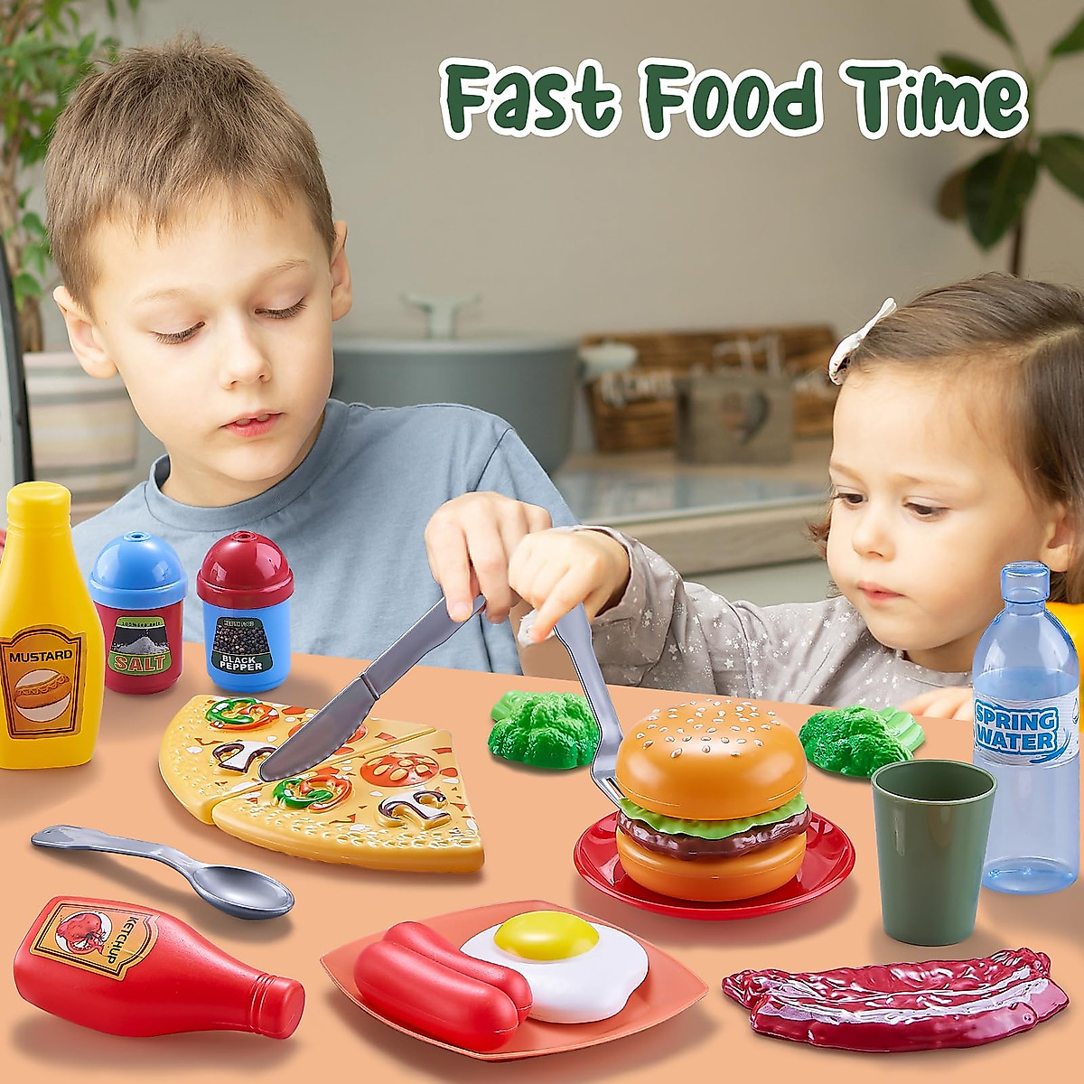 Comirth Play Kitchen Accessories – 48Pc Kitchen Toys, Kids Kitchen Playset with Kids Pots and Pans Playset, Pretend Play Food Fruit, Veggies, Pizza, Cooking Toys & Utensils, Kitchen Set for Kids Gift