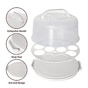 Garmeinea Cake Carrier Cupcake Containers with Lid and Handle Portable Storage & Transport Container Holder 10” Cake Stand for Cake Cupcakes Nuts Pies Muffins Cookies Fruit White