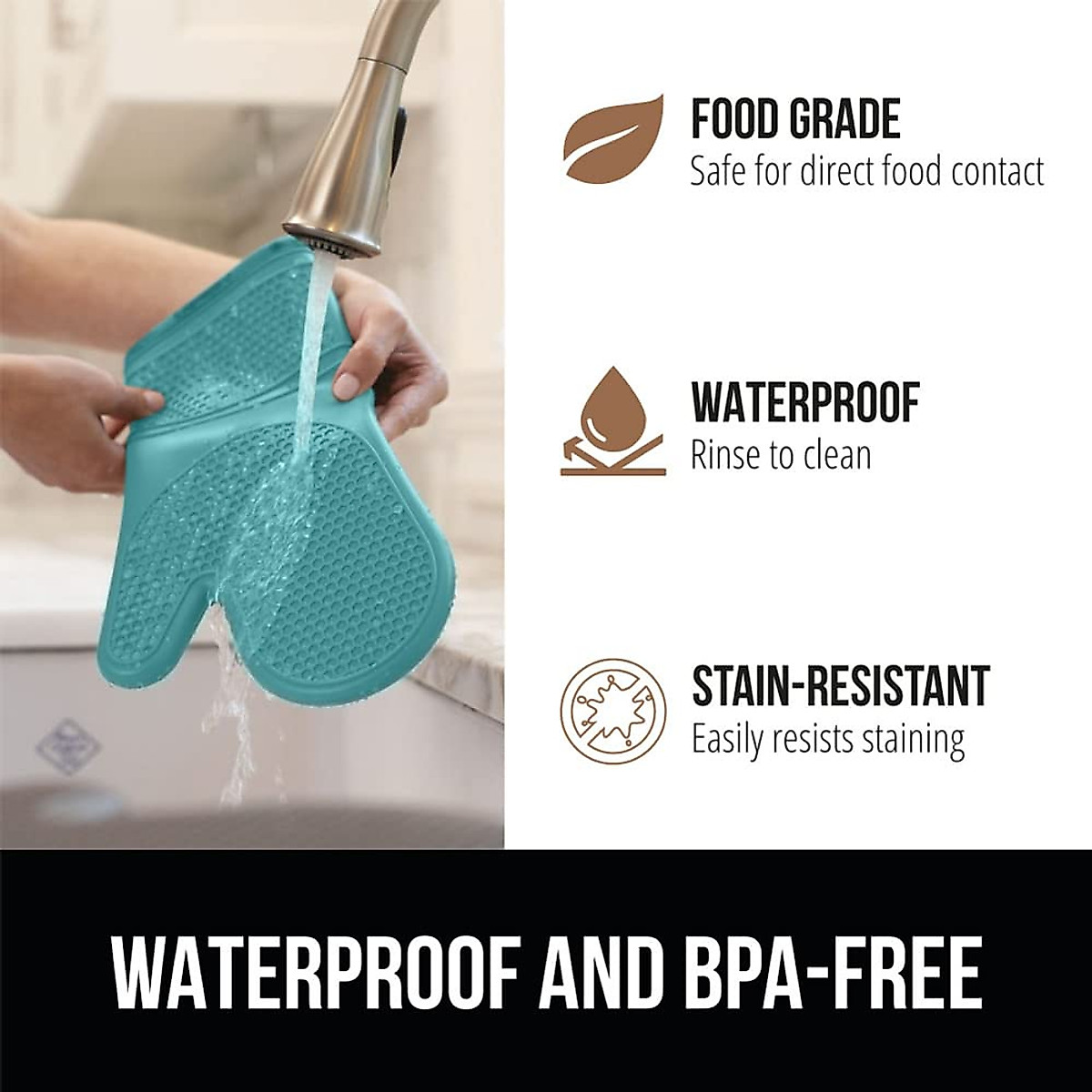 Gorilla Grip Silicone Oven Mitts Set of 2 and Silicone Baking Mats Set of 2, Silicone Oven Mitts are 14.5 Inch, Quarter Sheet Silicone Baking Mats, Both in Turquoise Color, 2 Item Bundle