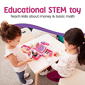 Prextex Grocery Store Pretend Play Electronic Toy Kids Cash Register Set - STEM Cash Register for Kids with Microphone, Play Money, and Food Basket - Kids Checkout Register with Scanner- Pink