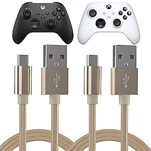 TALK WORKS Controller Charger Cable Compatible for Xbox X/S Controller, USB C to USB A - 6' Nylon Braided Type C Fast Charging Cord for X-Box X/S (Gold, Pack of 2) (14099)