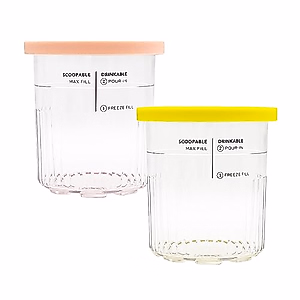 CXQ XL Family Size Ice Cream Pint Containers with silicone lids, Compatible with Ninja NC501 CREAMi Deluxe 11-in-1 Ice Cream & Frozen Treat Maker and model: NC500, NC501, NC501H, NC501HBL and NC501HGN. (Pink/Yellow)