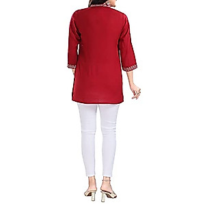 IshDeena Indian Kurtis for Women Indian Style Printed Embroidered Tunics Womens Tops Kurta (Extra Large, Red - 0622S1ID2)