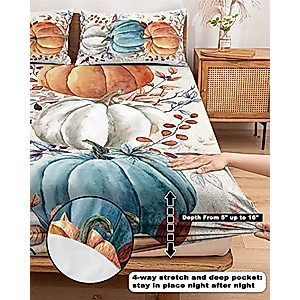 Fall Pumpkin Leaves on Burlap Fitted Bed Sheets Full Size Fit 5-16inch Deep Pockets,Luxury Bottom Sheet Bedding Set with Pillow Case,Thanksgiving Watercolor Plant Fitted Sheet for Mattress