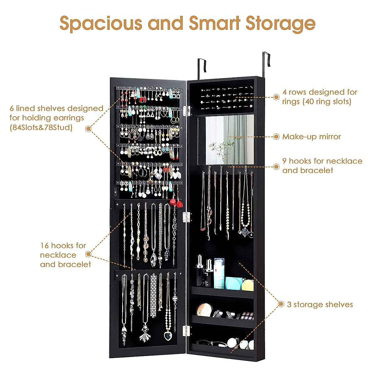 Giantex Jewelry Armoire Cabinet Wall Door Mounted with Full Length Mirror, Jewelry Organizer with Makeup Mirror, Ring Earring Slots, Necklace Hooks, Large Capacity Storage Jewelry Armoire (Black)