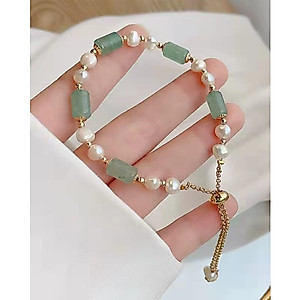 Natural Jade Pearls Bracelet Gold Wealthy Good Fortune Jade Bangle Amulet for Women, Lucky Jade Feng Shui Healing Crystal Bracelet