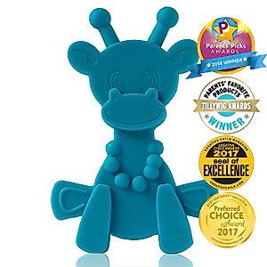 Baby Teething Toy Extraordinaire - Little Bambam Giraffe Teether Toys by Bambeado. Toy for Natural Teething Comfort and for Sore Gums - Gift for Baby Through to Infant - Cyan