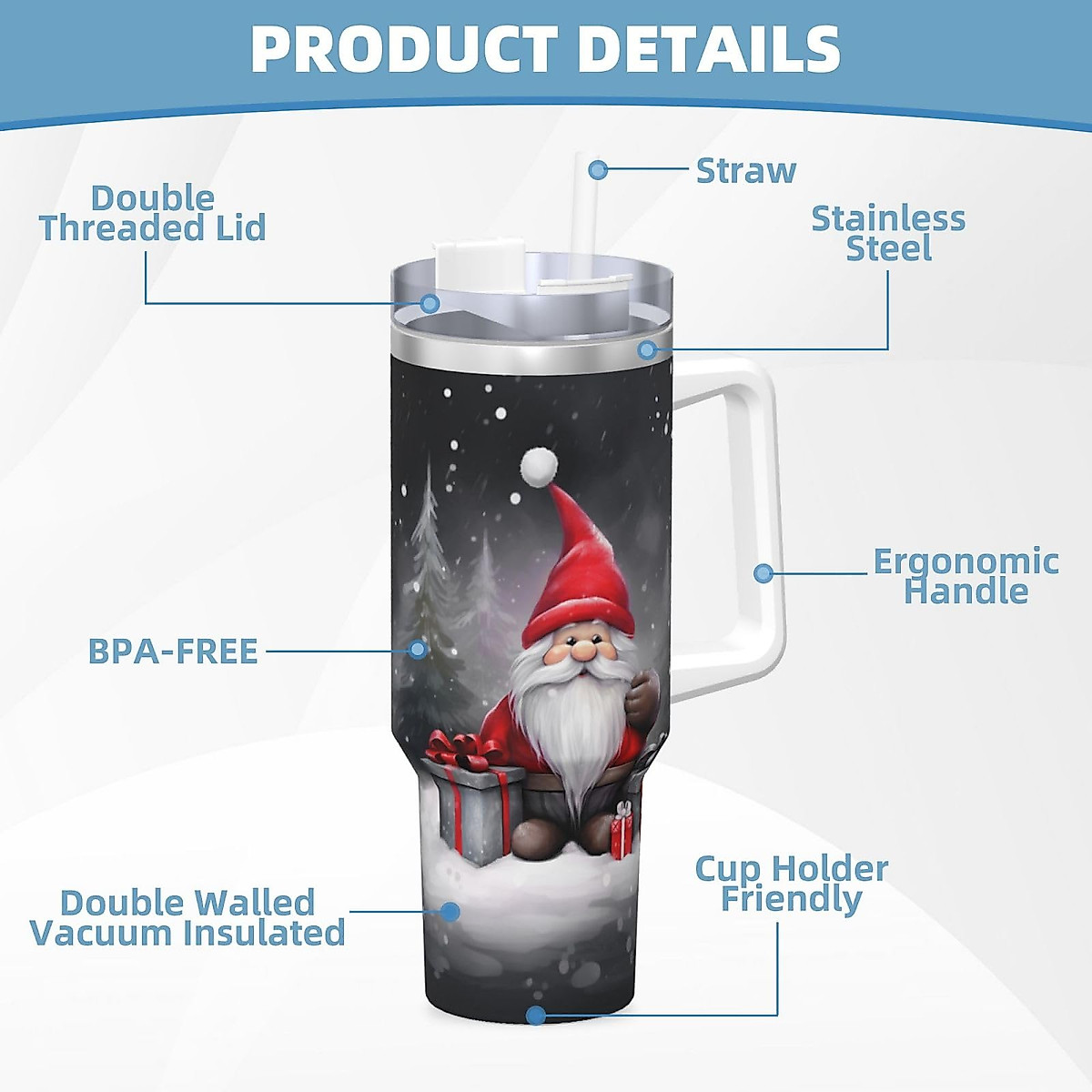 deaokluy 40 OZ Christmas Gnome Ice Bully Cup with Handle Straw Lid, Double Wall Stainless Steel Tumbler Travel Coffee Cup, Happy Christmas Insulation and Cooling Cup for Christmas Birthday Present
