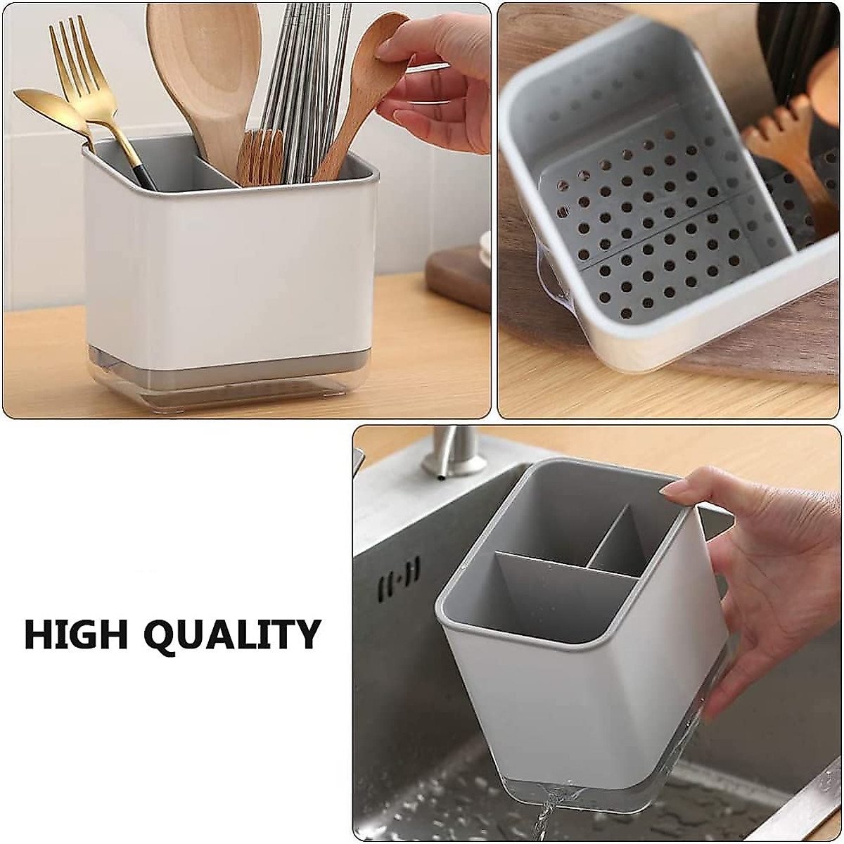 Utensil Holder, Kitchen Utensil Organizer Sponge Holder, Kitchen Sink Caddy with Drain Tray for Chopsticks, Spoon, Fork, Brush (Gray)