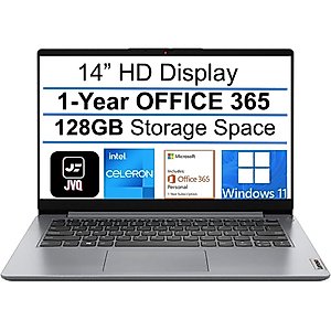 Lenovo Newest IdeaPad 1 Laptop, 14" HD Display, Intel Celeron N4020, 4GB DDR4 RAM, 128GB Space(64GB eMMC+64GB Card), 1-Year Office 365, Webcam, HDMI, WiFi 6, Bluetooth, Windows 11S, Grey, JVQ MP