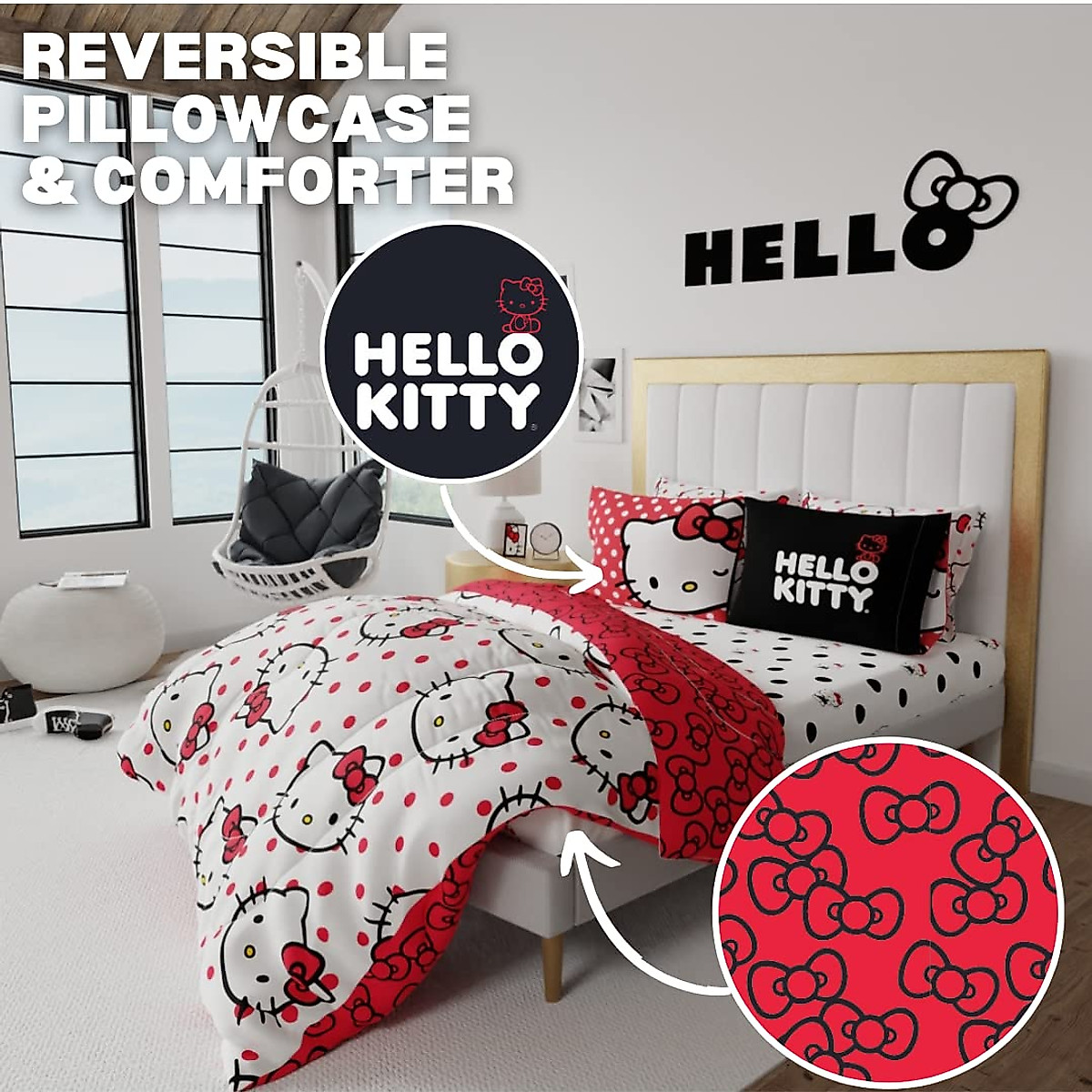 Franco Sanrio Hello Kitty Polka Dot Bedding 7 Piece Super Soft Comforter and Sheet Set with Sham, Full, (100% Official Licensed Product) Collectibles