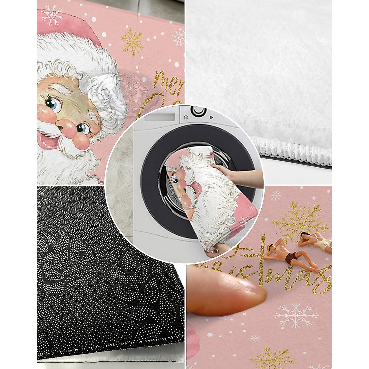 Christmas Pink Santa Claus Floor Door Mats Shag Carpet,Xmas Gold Foil Snowflake Non Slip Super Soft Bath Rugs,Winter Snow Shaggy Fuzzy Area Rug for Kitchen/Bathroom/Bedroom/Living Room Decor 16x24in