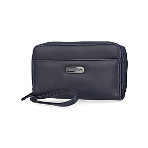 Nautica On The Double Zip Around Vegan Leather Womens RFID Clutch Wallet With Wristlet Strap (Indigo)