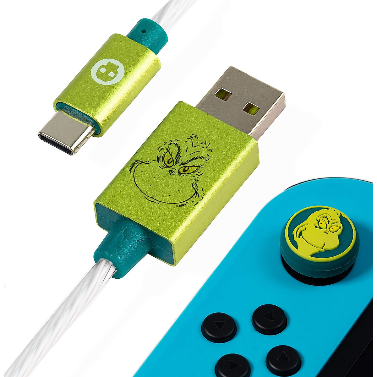 Numskull Official Grinch LED USB Type-C Cable and Thumb Stick Grips - 1.5M Fast Charging Lead, Nintendo Switch Controller Mod (Nintendo Switch)