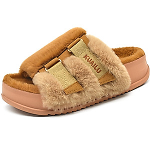 KuaiLu Womens Fuzzy Platform Open Toe Slippers with Arch Support Fluffy Furry Slides Orthotic Faux Fur Sandals house Indoor Outdoor Camel Size 9